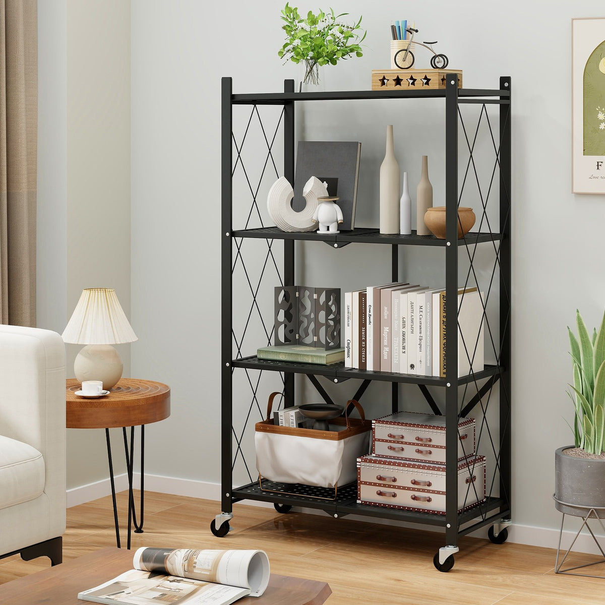4-Tier Foldable Storage Shelf Collapsible Storage Rack with Lockable W ...