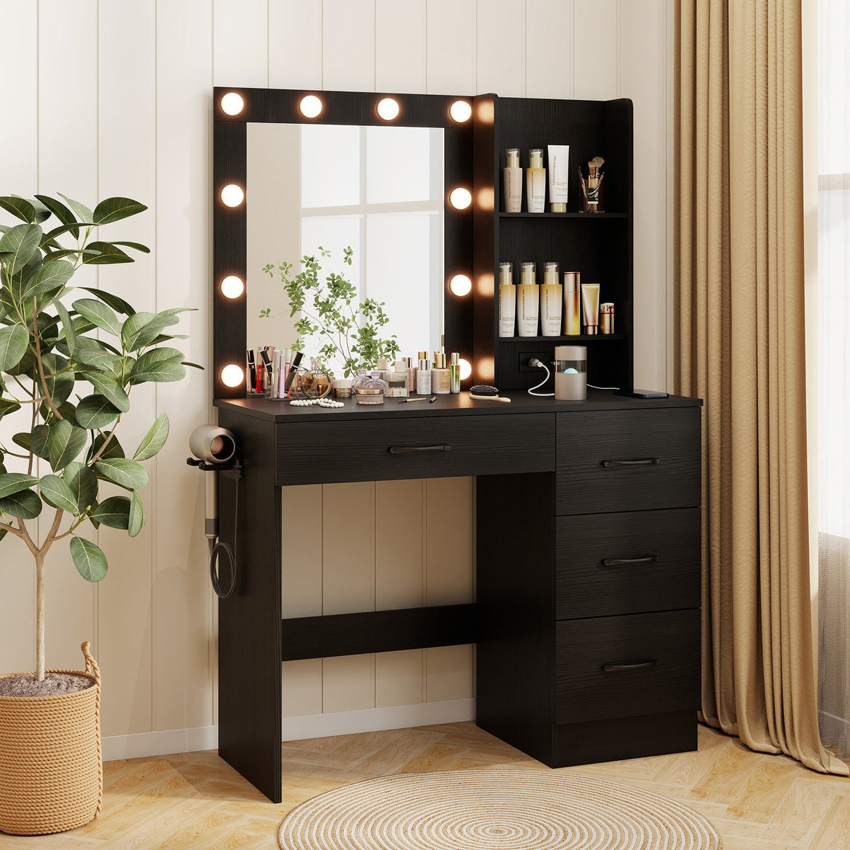 Vanity Desk with 3-Color Lights and Power Outlets-Black – Level Up Desks
