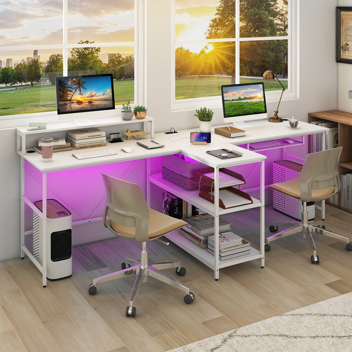 2-Person Reversible Computer Desk Long Office Desk with LED Lights-Whi ...