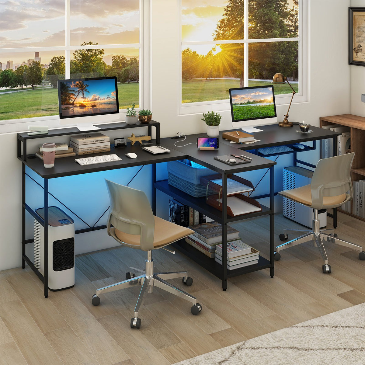 2-Person Reversible Computer Desk Long Office Desk with LED Lights-Bla ...