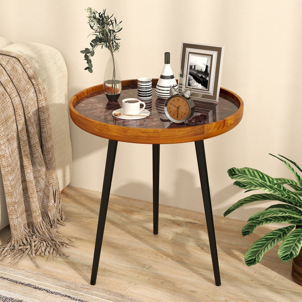 20 Inch Round End Table with Sea Shell Decoration and Epoxy Resin Fini ...