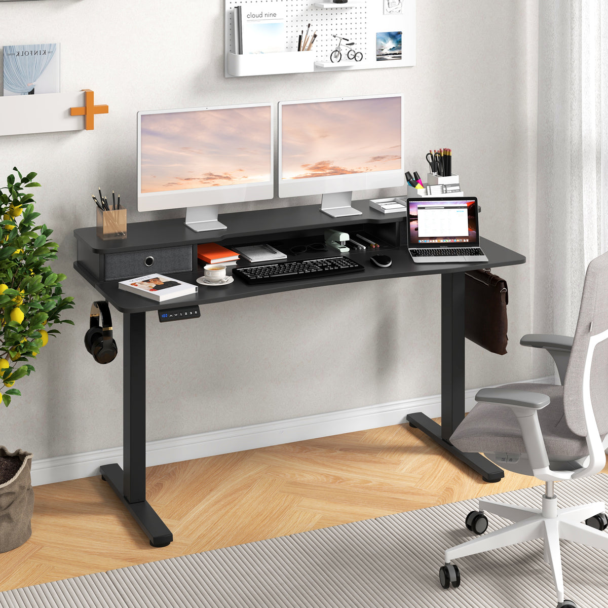 55 Inch x 24 Inch Height Adjustable Electric Standing Desk with 2 Draw ...
