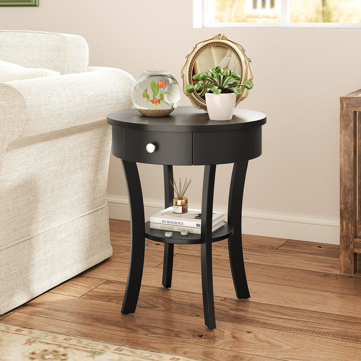 2-Tier Wood Round End Table with Open Drawer-Black – Level Up Desks
