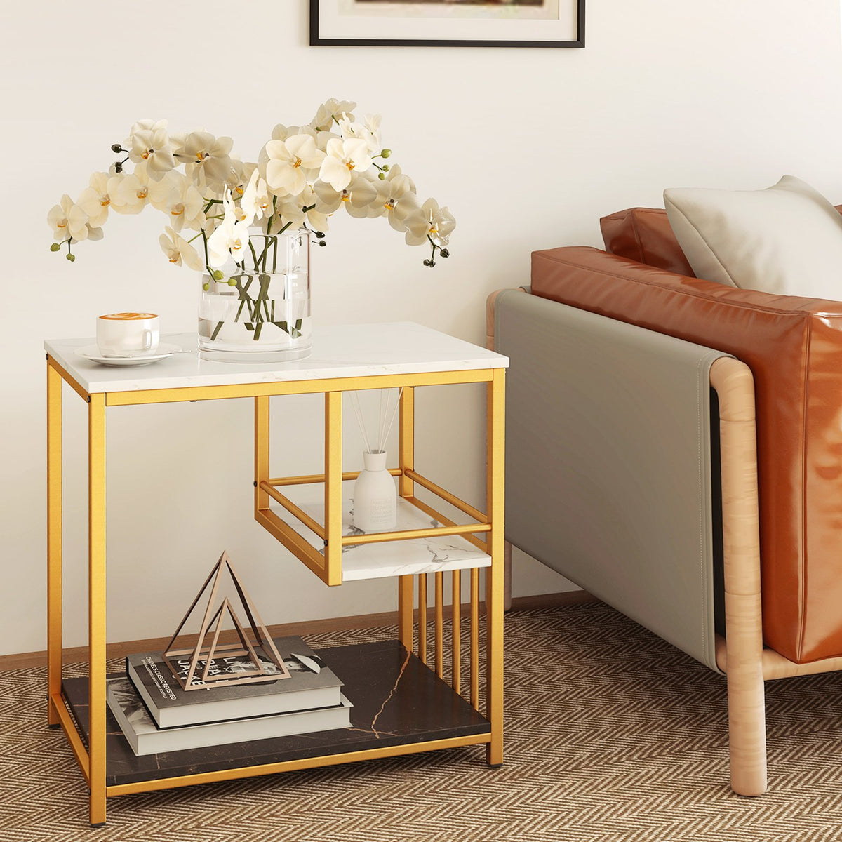 3-Tier Multi-function Marble End Table with Storage Shelf-Golden ...