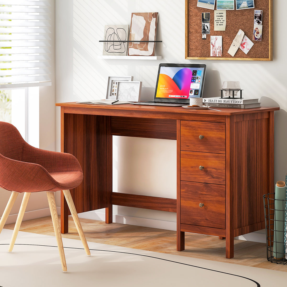3-Drawer Home Office Study Computer Desk with Spacious Desktop-Brown ...