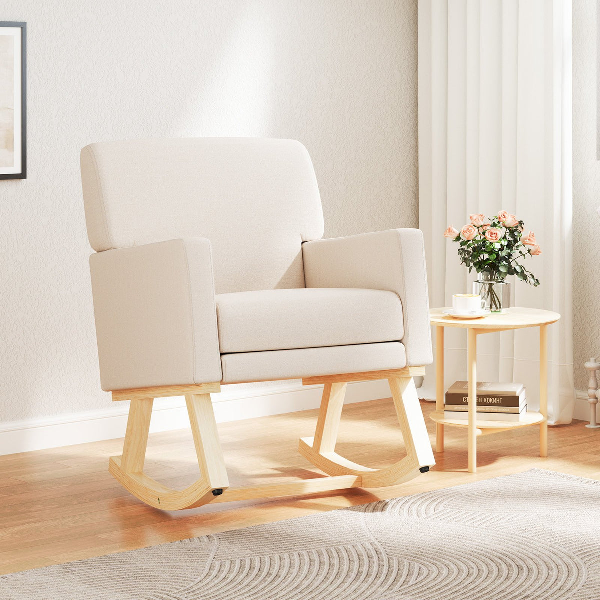 Upholstered Rocking Chair with and Solid Wood Base-Beige – Level Up Desks
