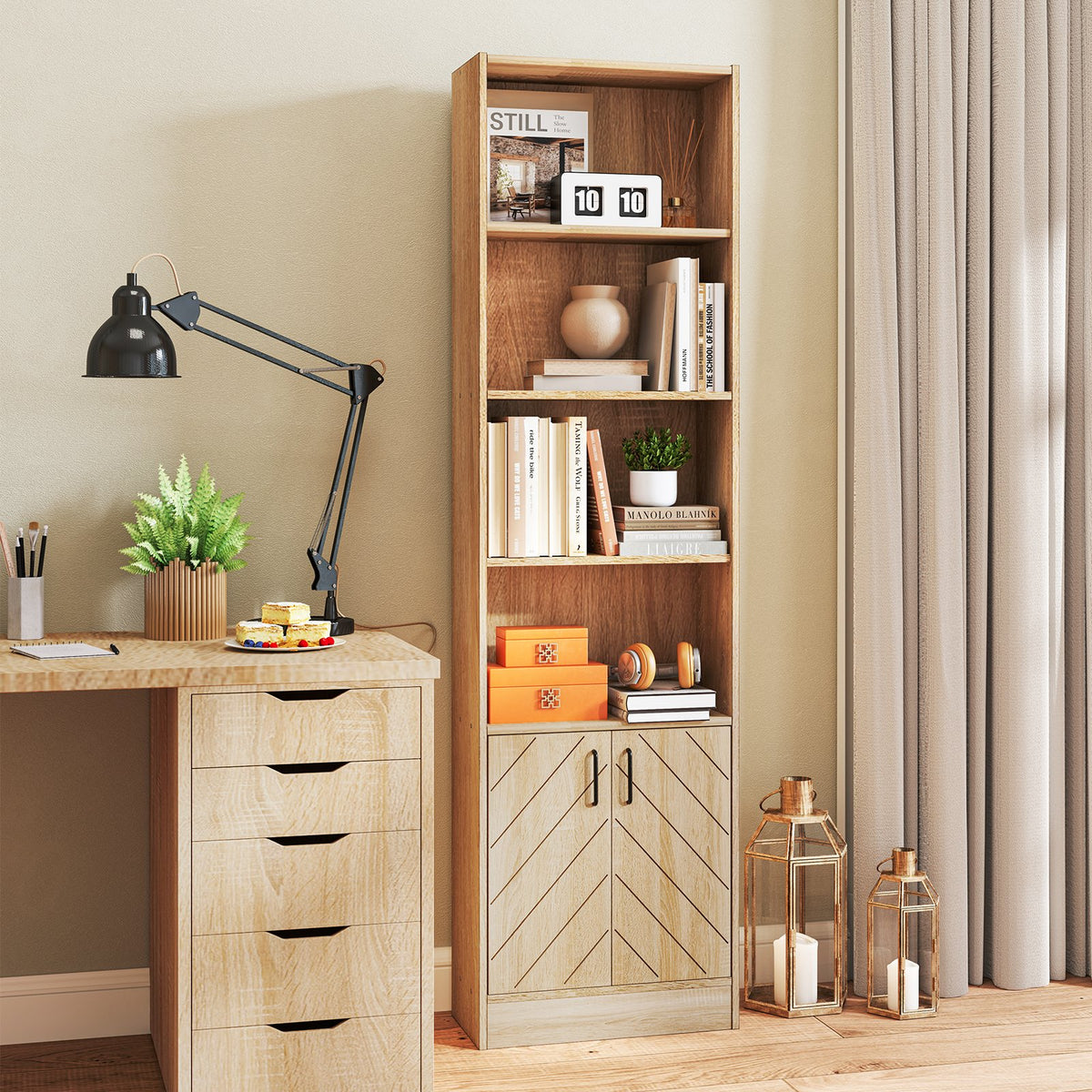 71 Inch 6-Tier Tall Bookshelf with Double Doors 4 Open Cubes-Oak ...