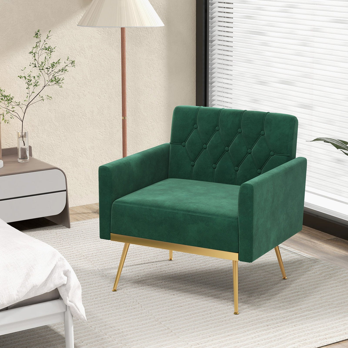 Modern Velvet Accent Chair with Button Tufted Back Golden Metal Legs a ...