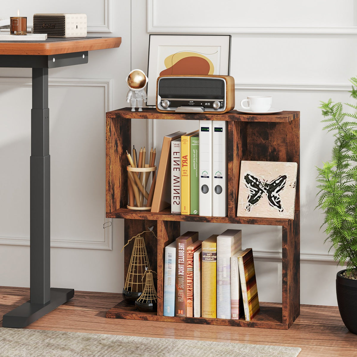 3-Tier Bookshelf with Display Shelf for Small Space-Rustic Brown ...
