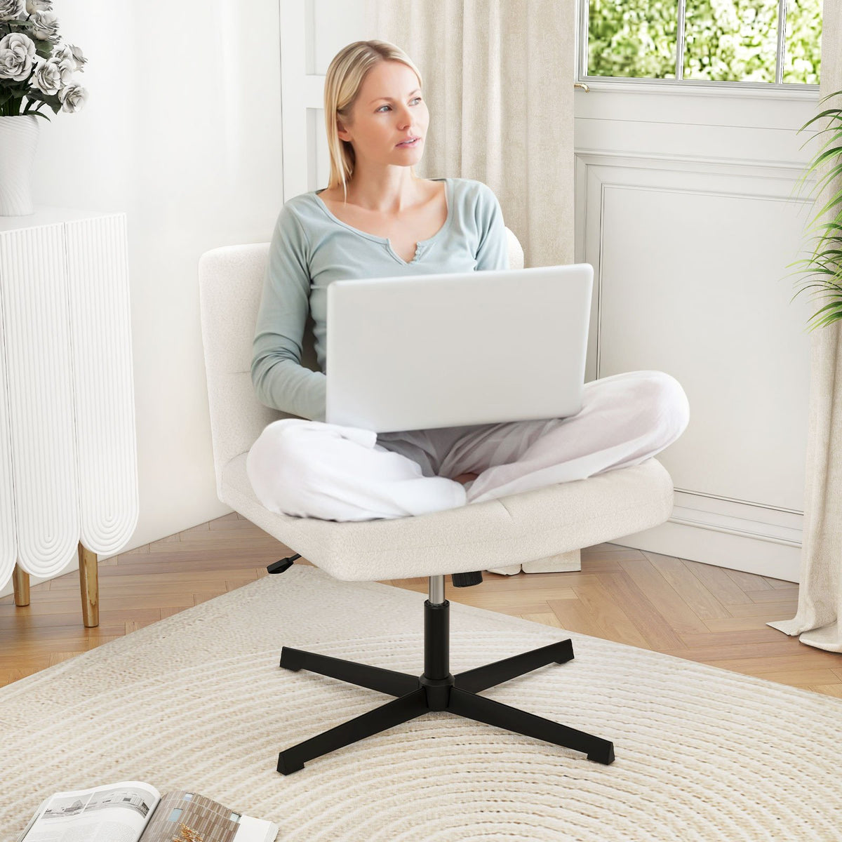 Office Armless Chair Cross Legged with Imitation Lamb Fleece and Adjus ...