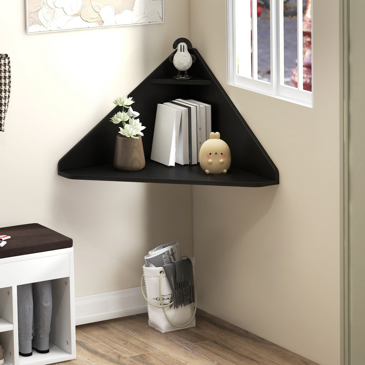 Floating Triangular Corner Computer Desk with Storage Shelf-Black ...