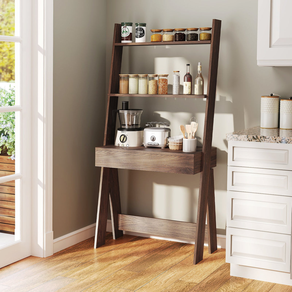 Ladder Shelf Desk Bookcase with Countertop Drawer and 2 Shelves-Walnut ...