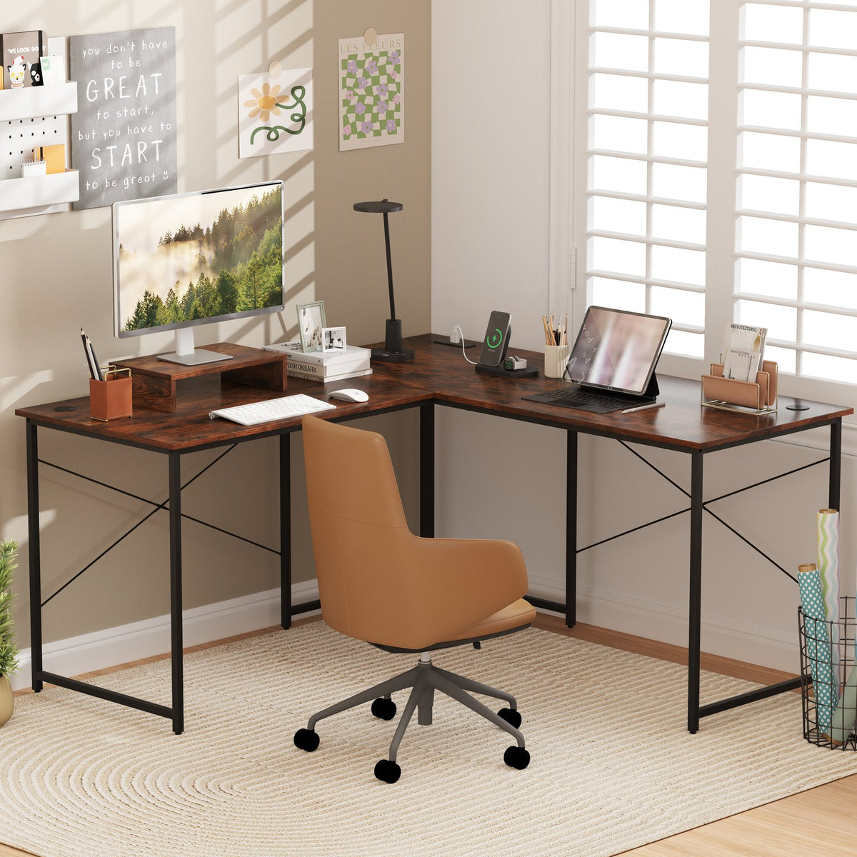 95 Inch 2-Person L-Shaped Long Reversible Computer Desk with Monitor S ...