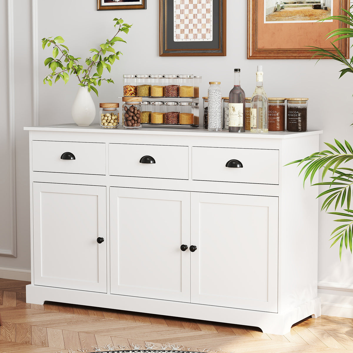 3 Drawers Sideboard Buffet Storage with Adjustable Shelves-White ...