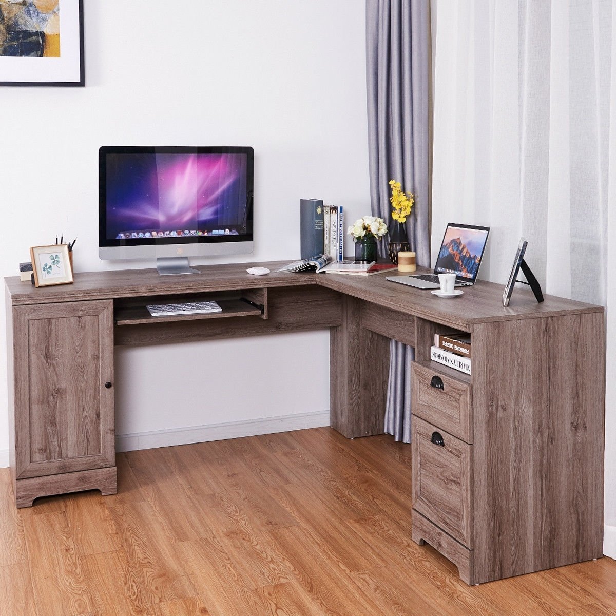 66 Inch L-Shaped Writing Study Workstation Computer Desk with Drawers ...