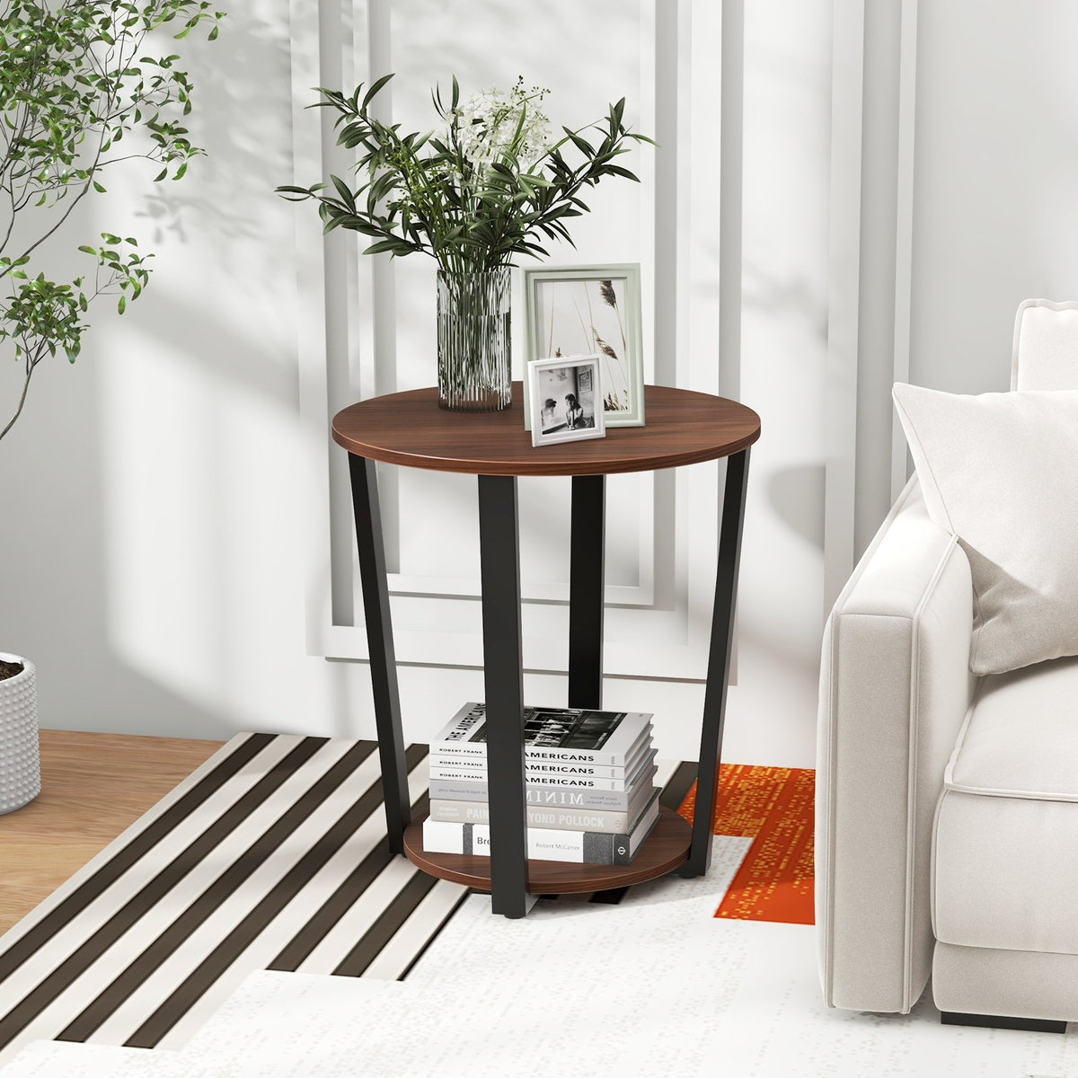 Round End Table with Open Shelf and Metal Frame-Walnut – Level Up Desks