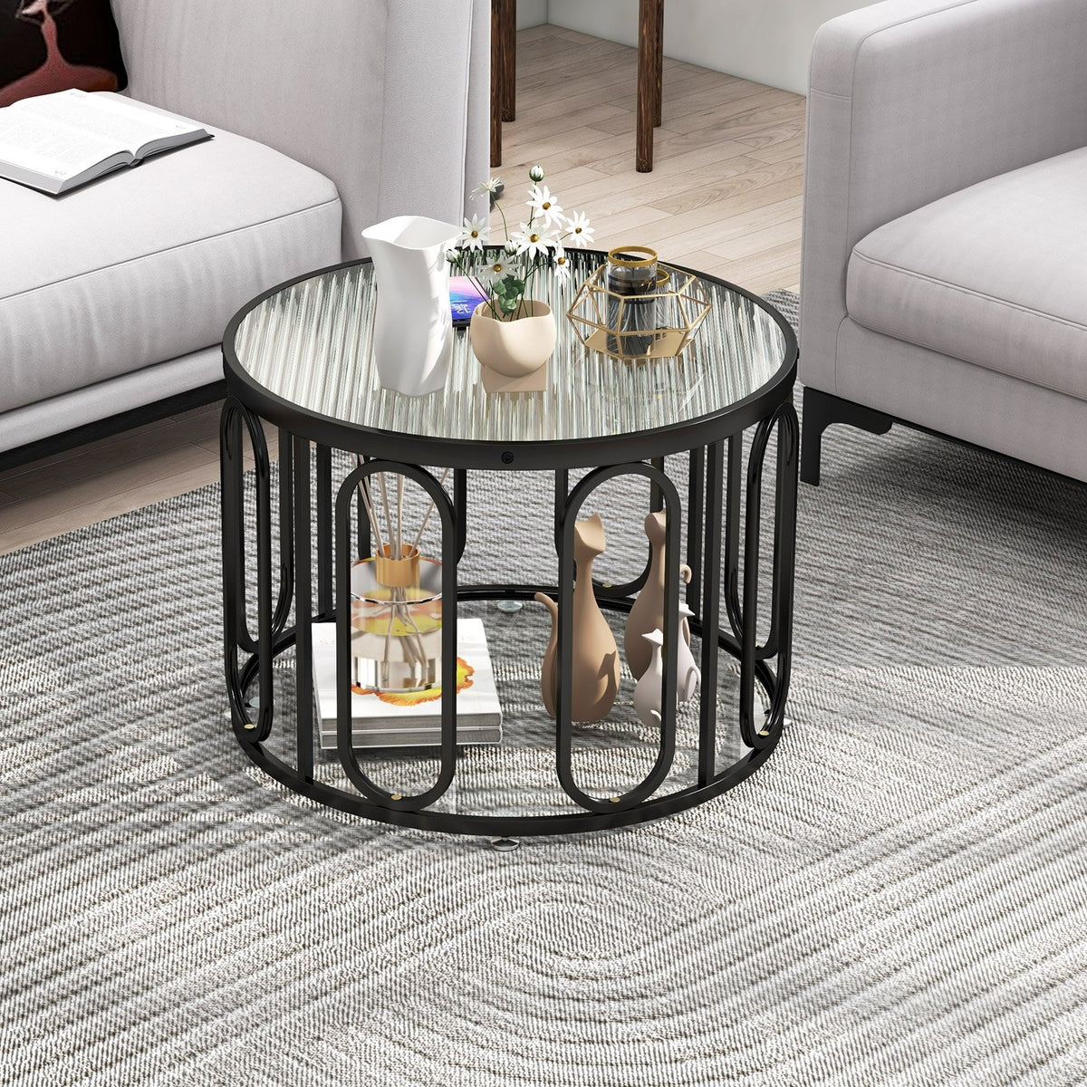 24 Inch Round Coffee Table with Reeded Tempered Glass Top and Oval Swi ...
