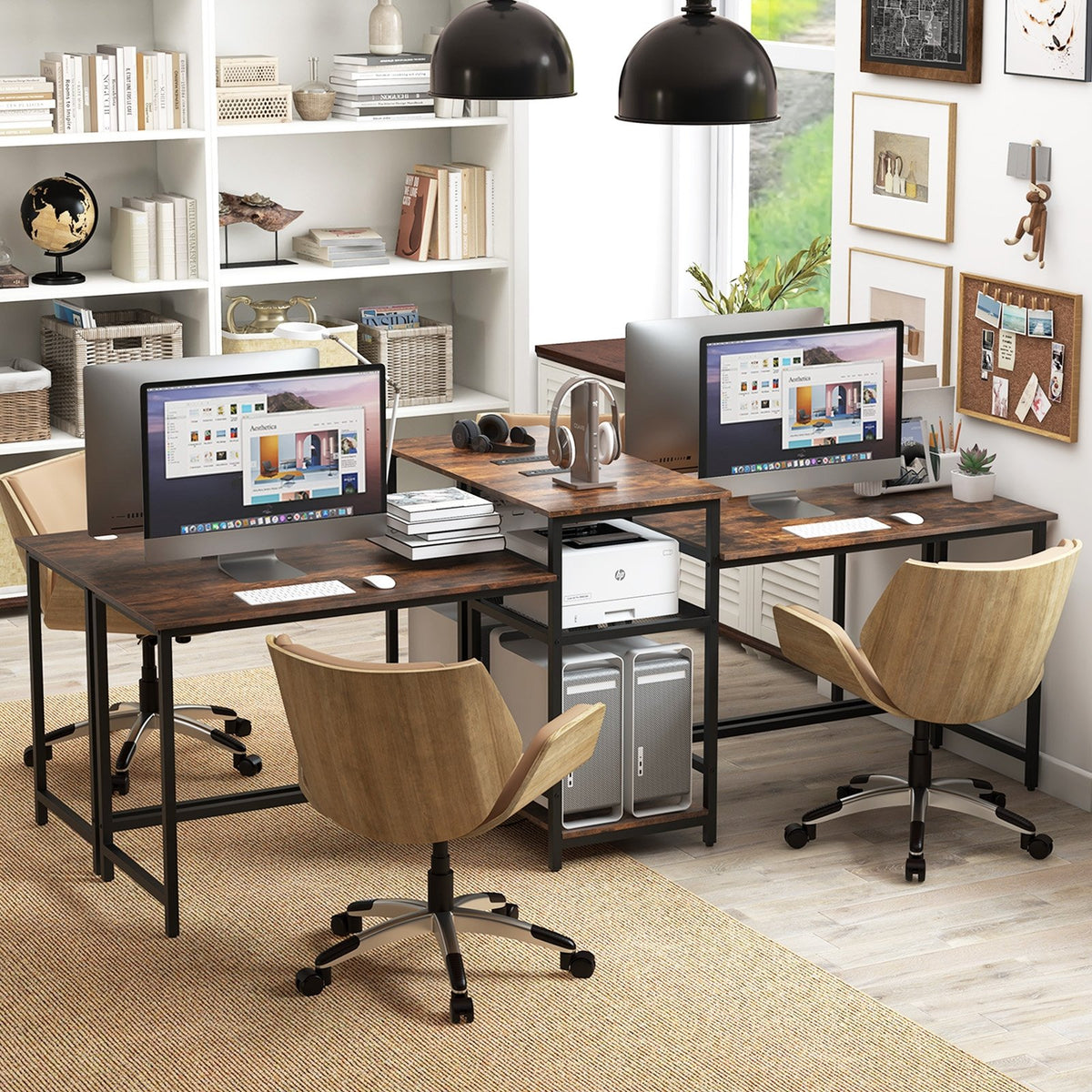 2-Person Computer Desk with Power Outlet and Printer Stand-Rustic Brow ...