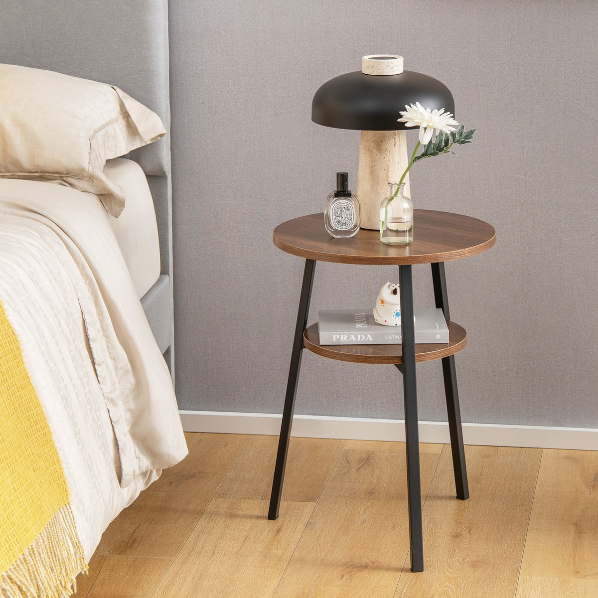 2-Tier Round End Table Set of 2 with Open Shelf and Triangular Metal F ...
