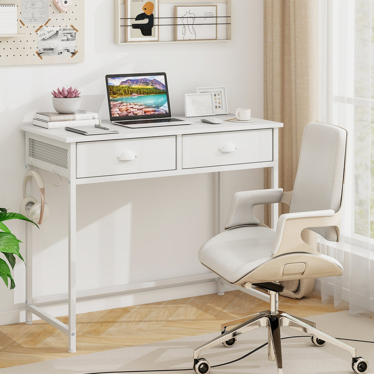 Space Saving Home Office Desk with 2 Fabric Drawers and 4 Hanging Hook ...