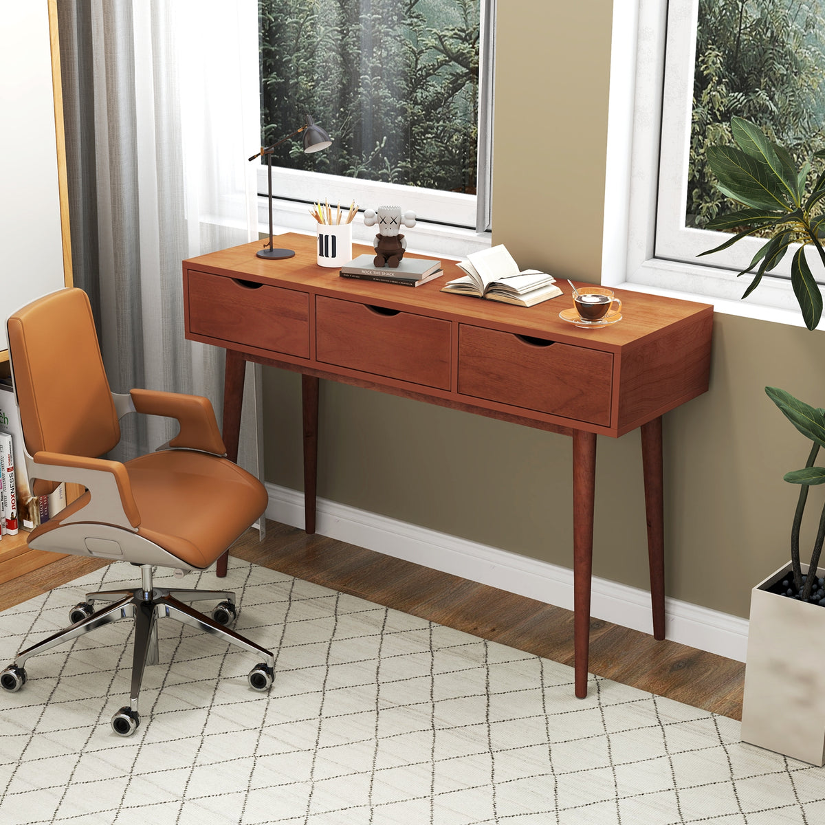 48 Inch Writing Computer Desk with 3 Drawers Solid Wood Legs-Walnut ...