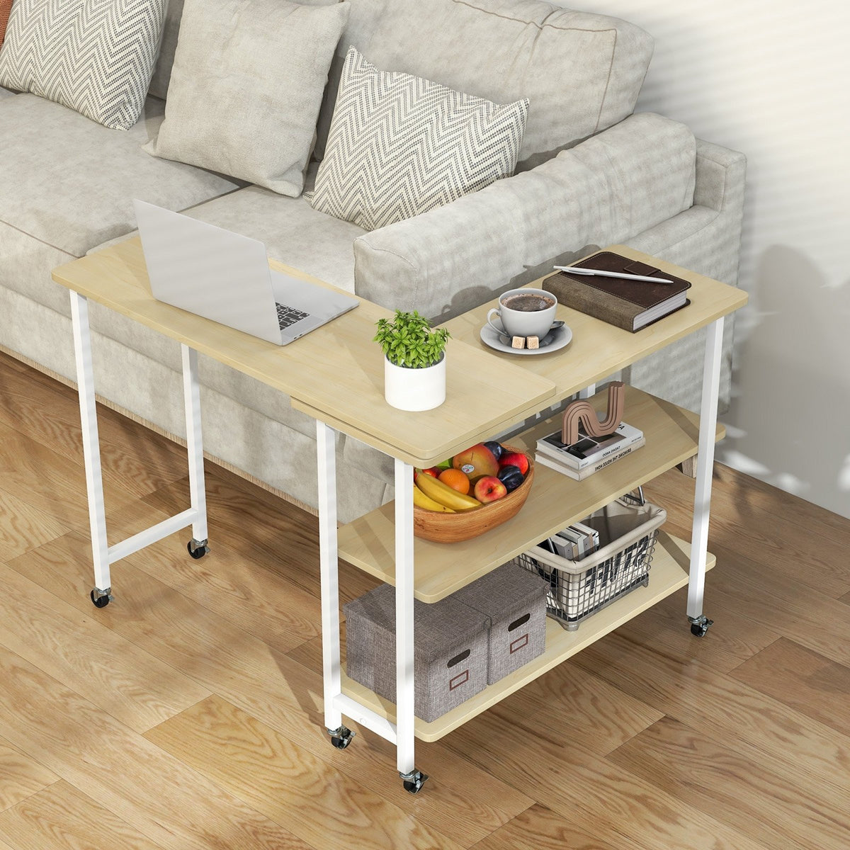 360° Rotating Sofa Side Table with 2-Tier Storage Shelves-Natural ...
