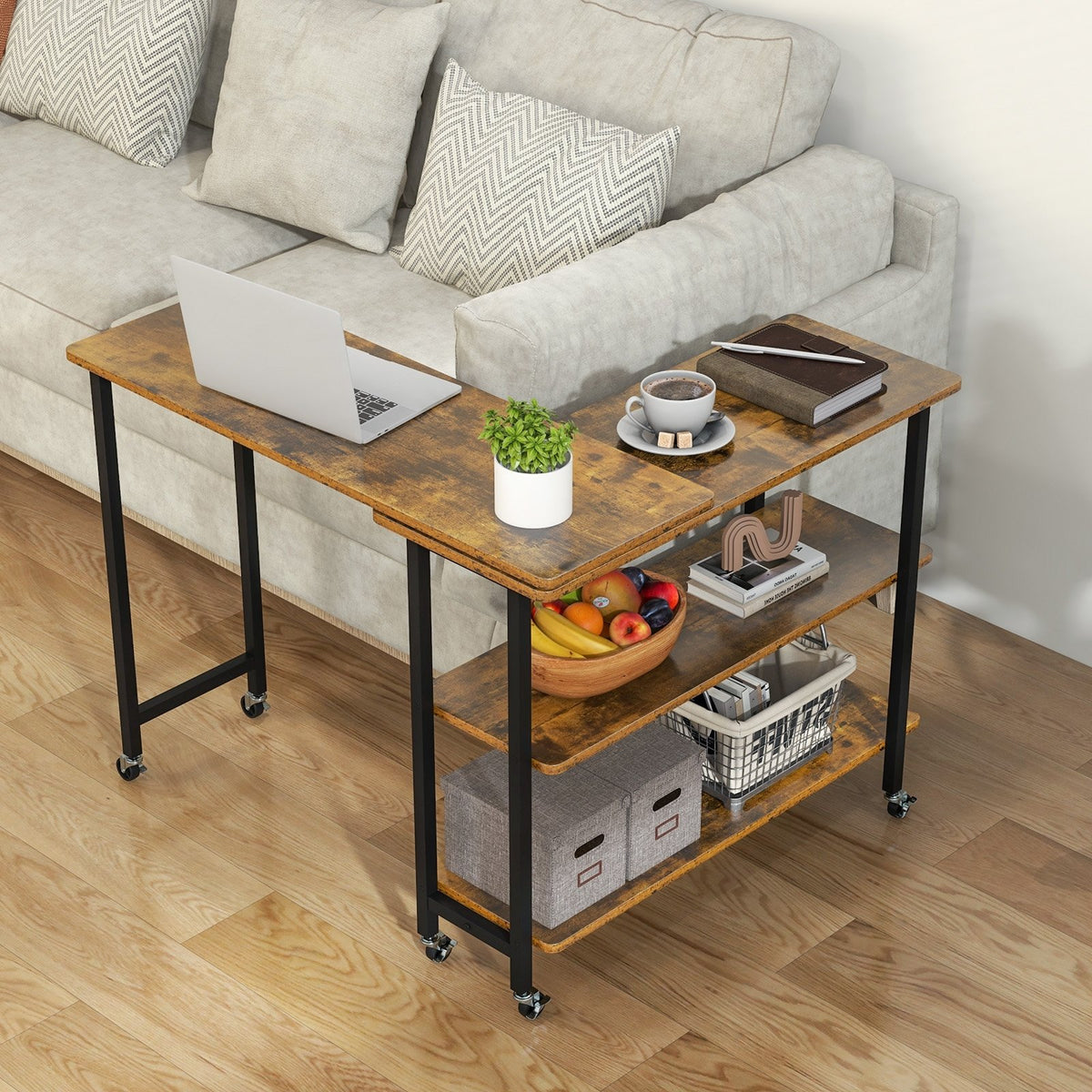 360° Rotating Sofa Side Table with 2-Tier Storage Shelves-Brown – Level ...