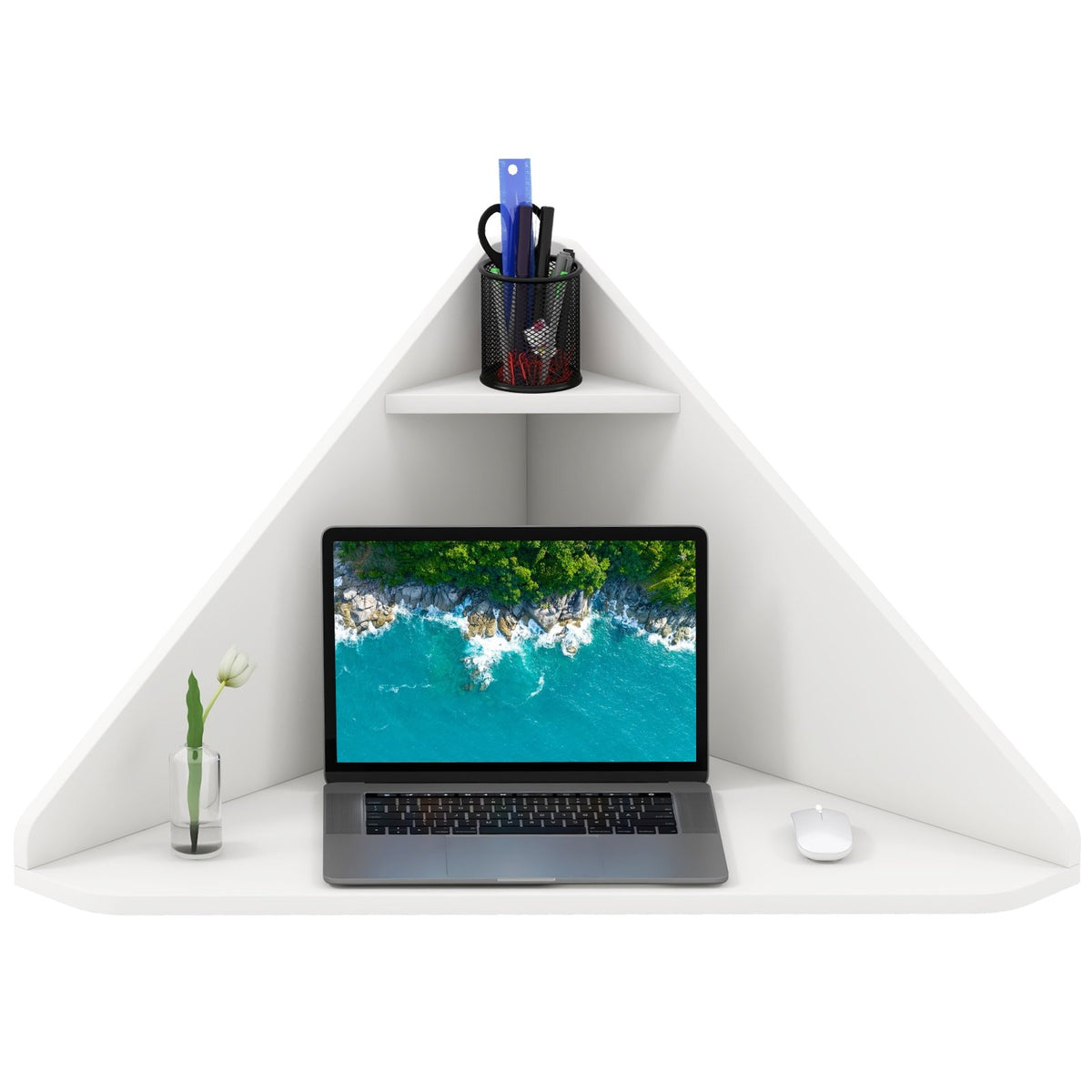 Floating Triangular Corner Computer Desk with Storage Shelf-White ...