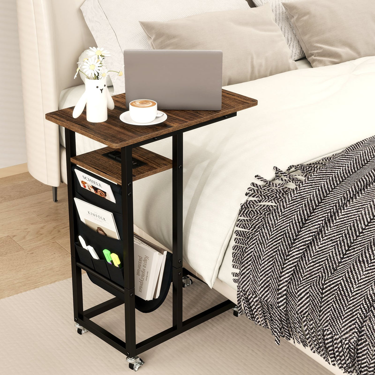 C-shaped End Table with Charging Station and Retractable Tabletop-Coff ...