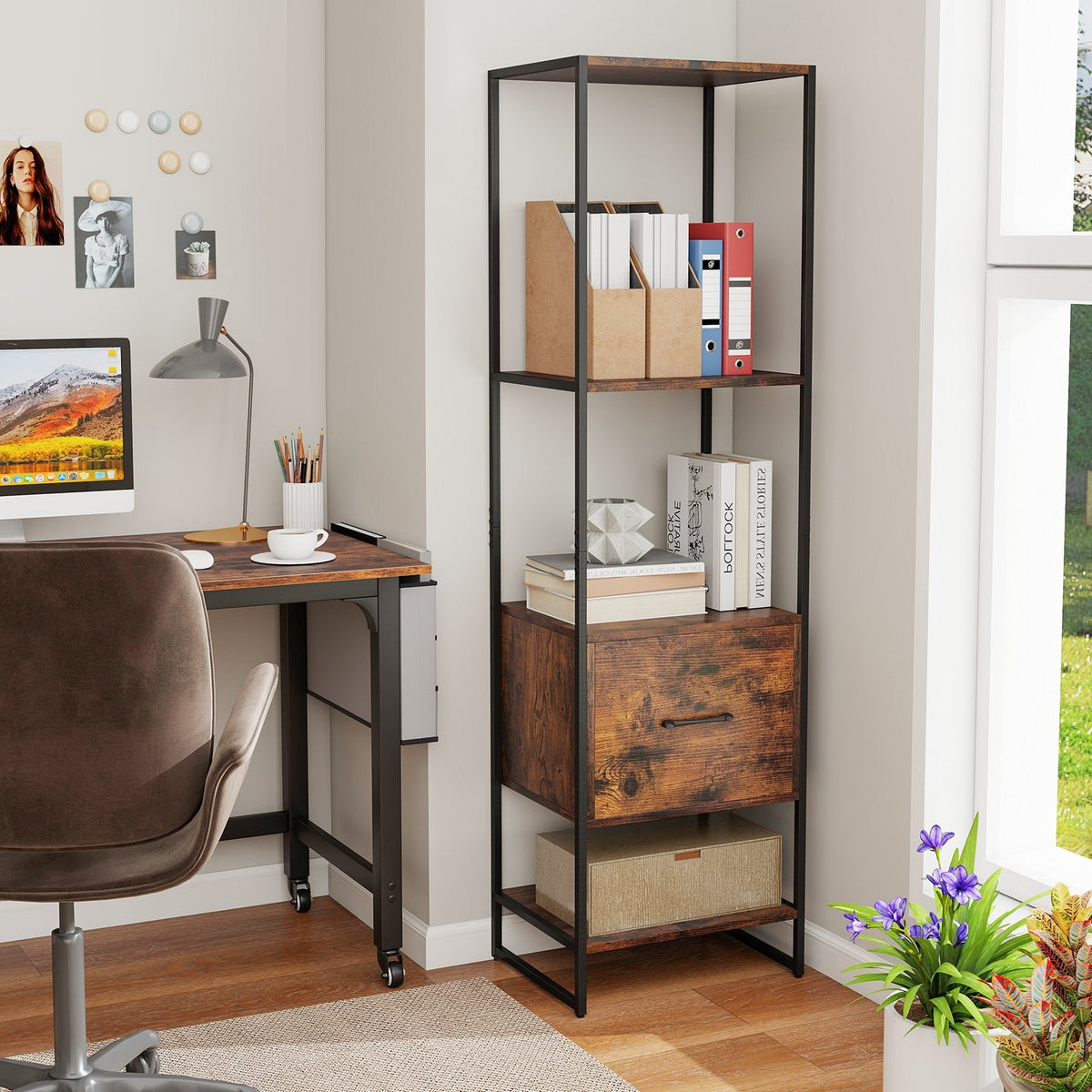 5-Tier Narrow Bookcase with 4 Open Shelves and Storage Drawer-Rustic B ...