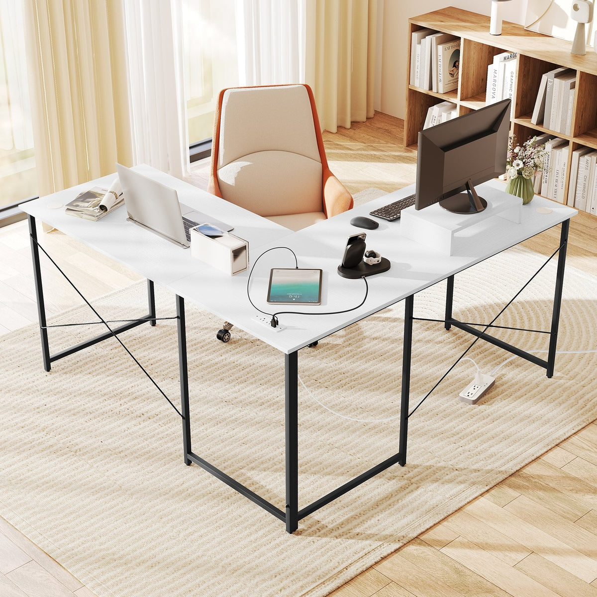 L-Shaped Computer Desk with Power Outlets and Monitor Shelf-White ...