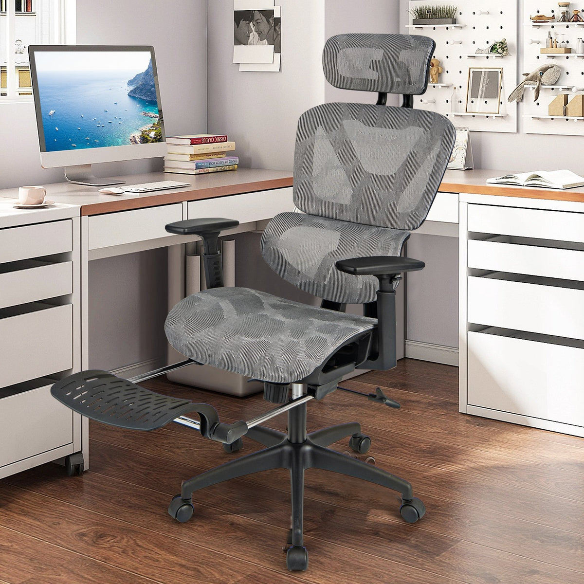Mesh Office Chair with Tilting Backrest and Retractable Footrest-Gray ...