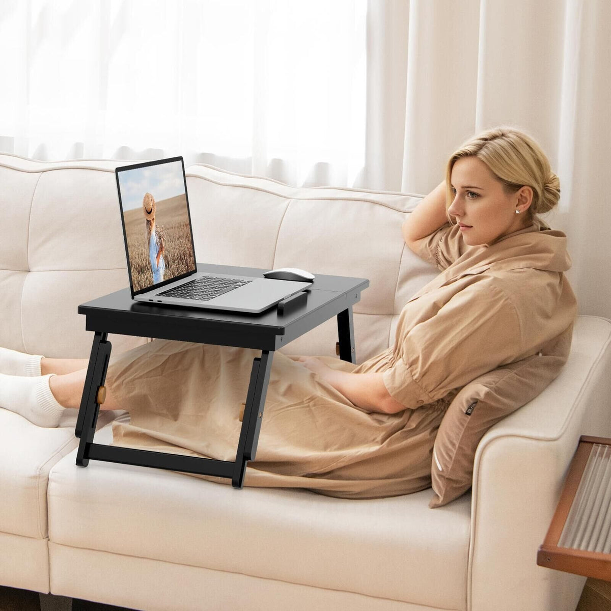 Adjustable Bamboo Laptop Desk with Tilting Top and Drawer-Brown – Level ...