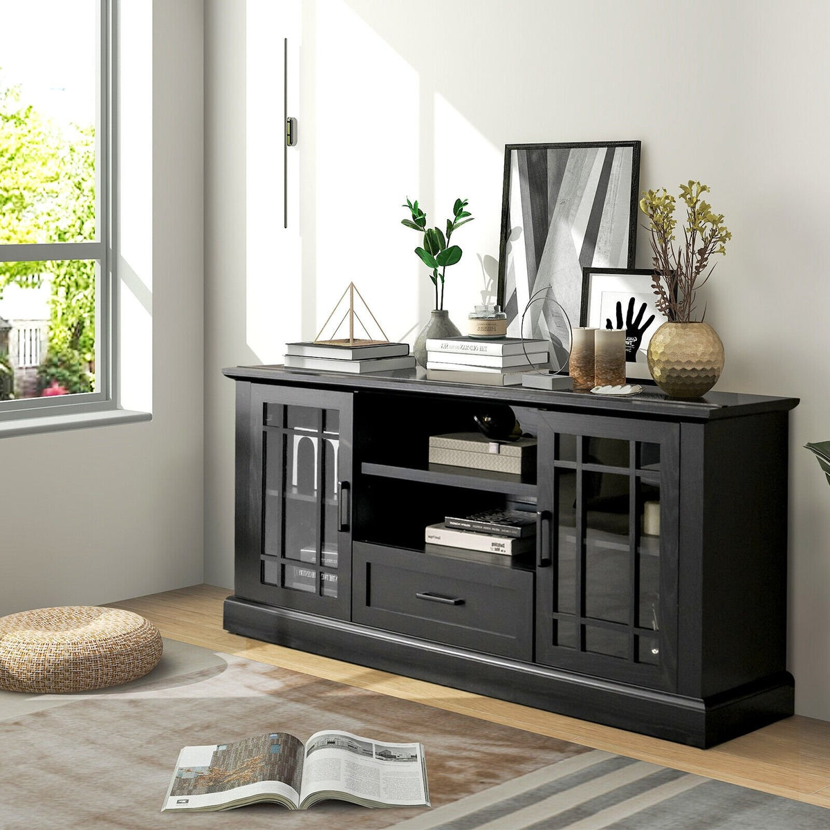 TV Stand for TVs up to 70 with Glass Doors Cubbies and Drawer-Black ...