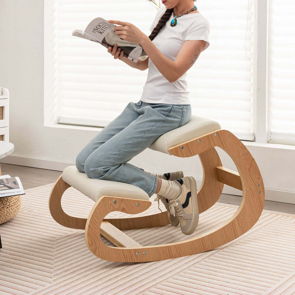 Wooden Rocking Chair with Comfortable Padded Seat Cushion and Knee Sup ...