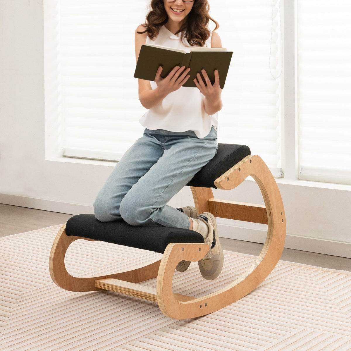 Wooden Rocking Chair with Comfortable Padded Seat Cushion and Knee Sup ...