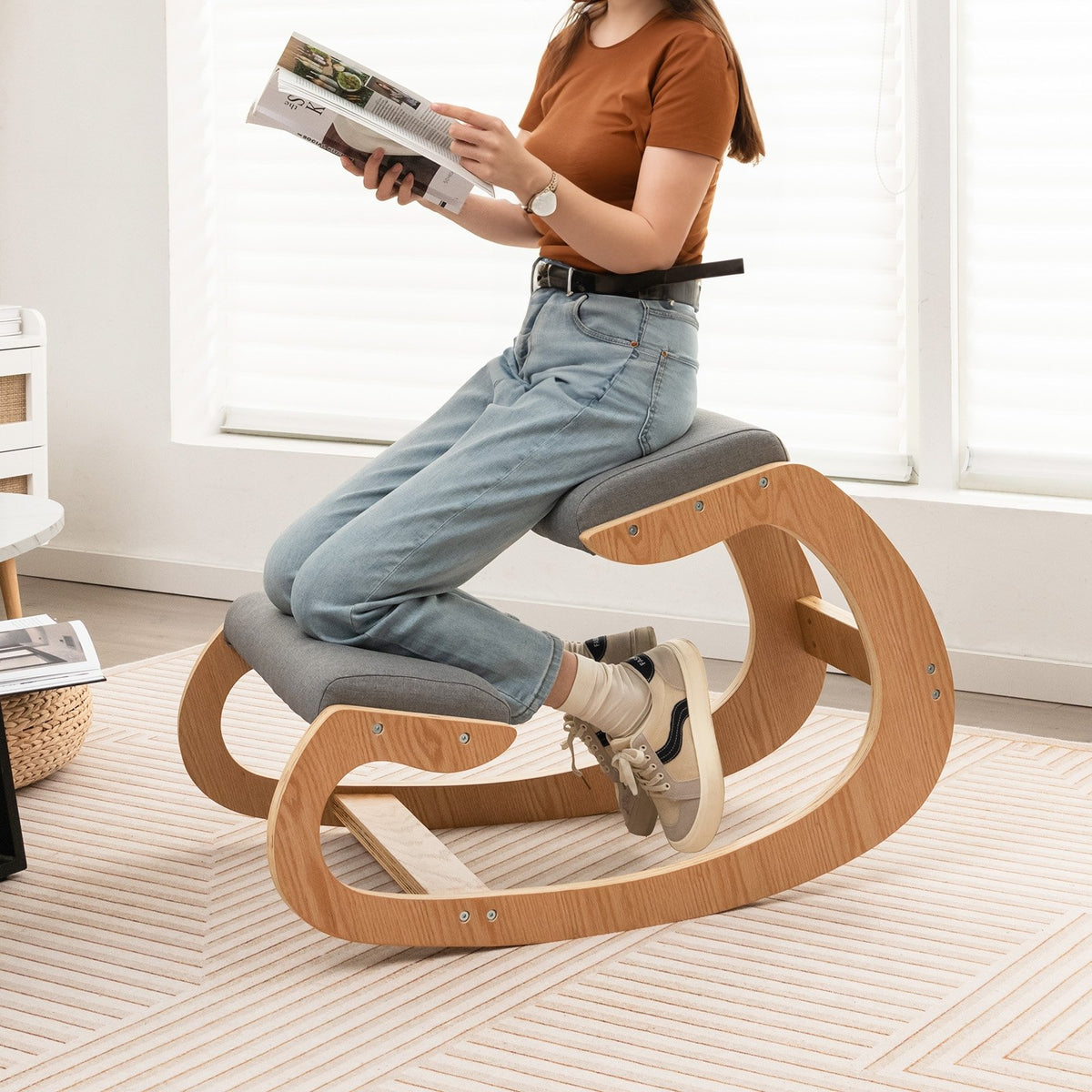Wooden Rocking Chair with Comfortable Padded Seat Cushion and Knee Sup ...