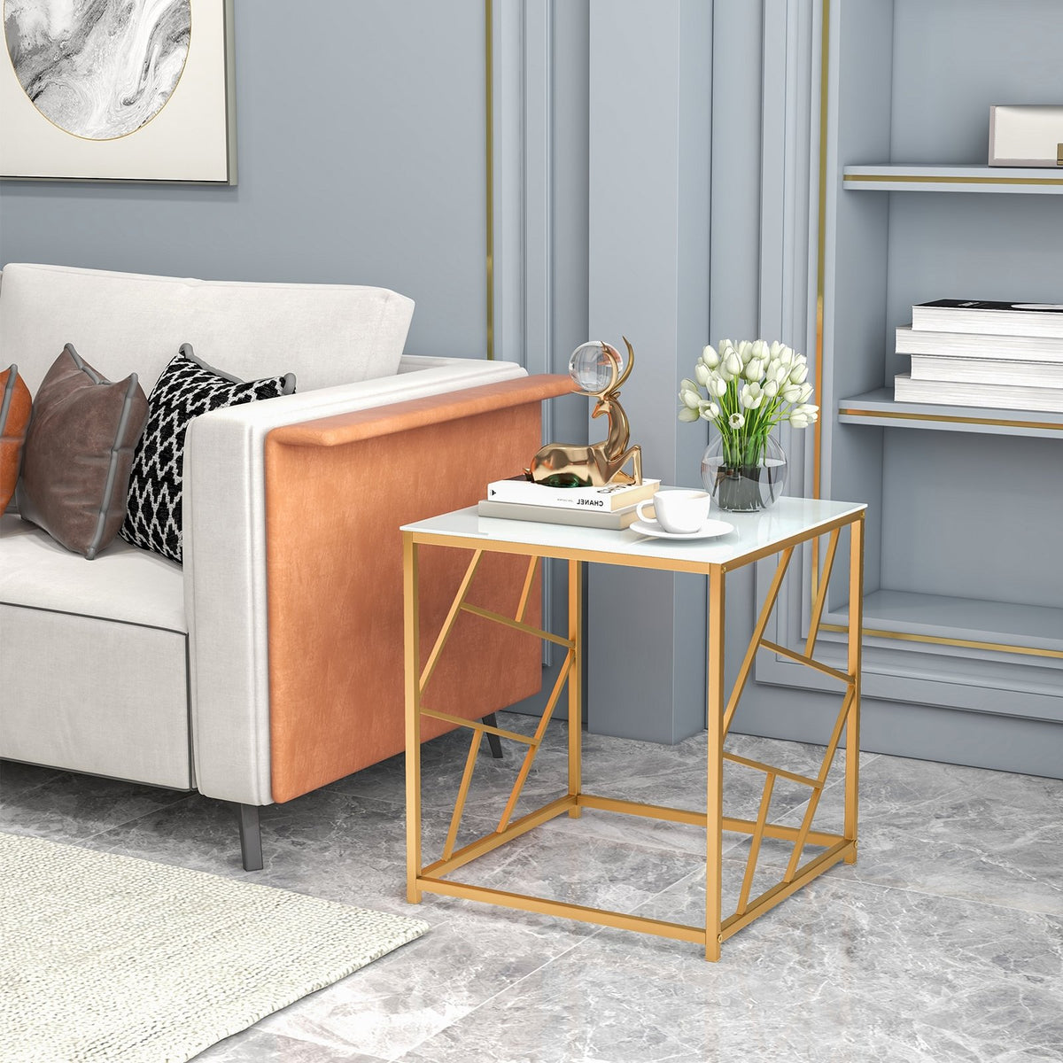 Square End Table with Tempered Glass Tabletop and Gold Finish Geometri ...