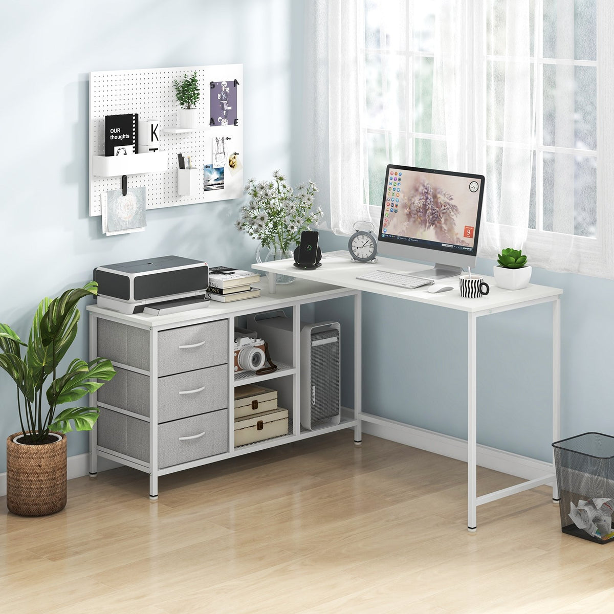 L-shaped Computer Desk with Power Outlet for Working Studying Gaming-W ...