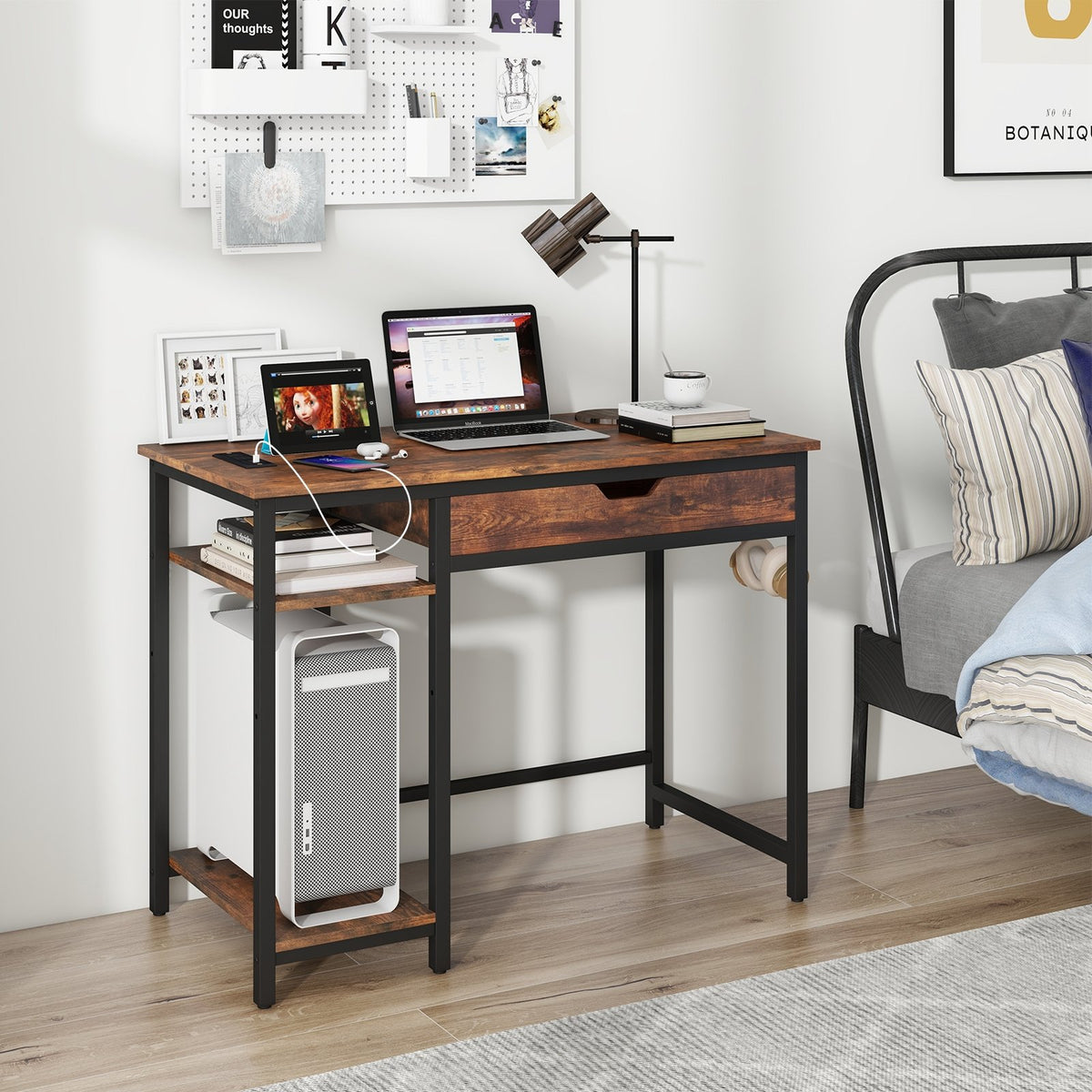 Computer Desk with Charging Station and Drawer & Adjustable Shelf-Rust ...