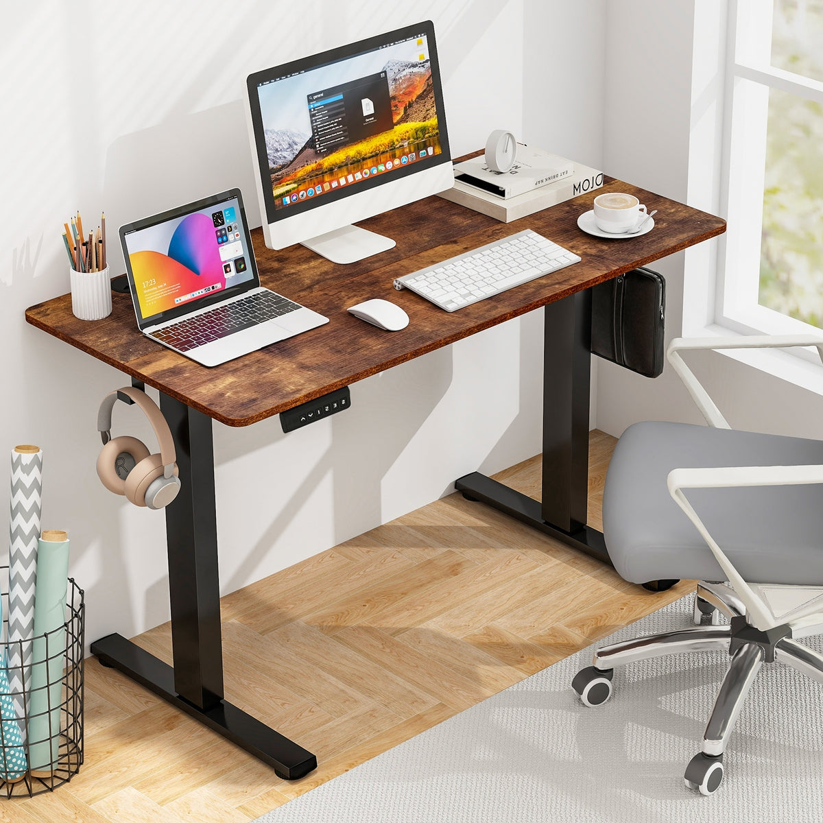 Electric Standing Desk with 3 Memory Height Settings and 2 Hanging Hoo ...