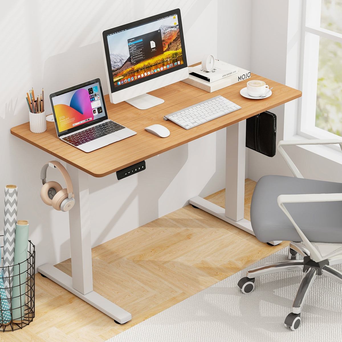 Electric Standing Desk with 3 Memory Height Settings and 2 Hanging Hoo ...