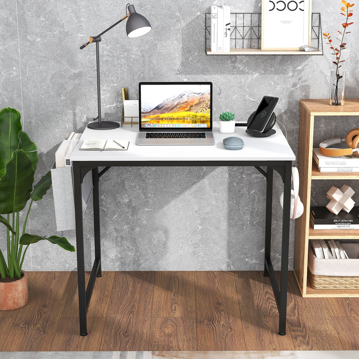 32 Inch Computer Desk Small Home Office Desk with Charging Station-Whi ...