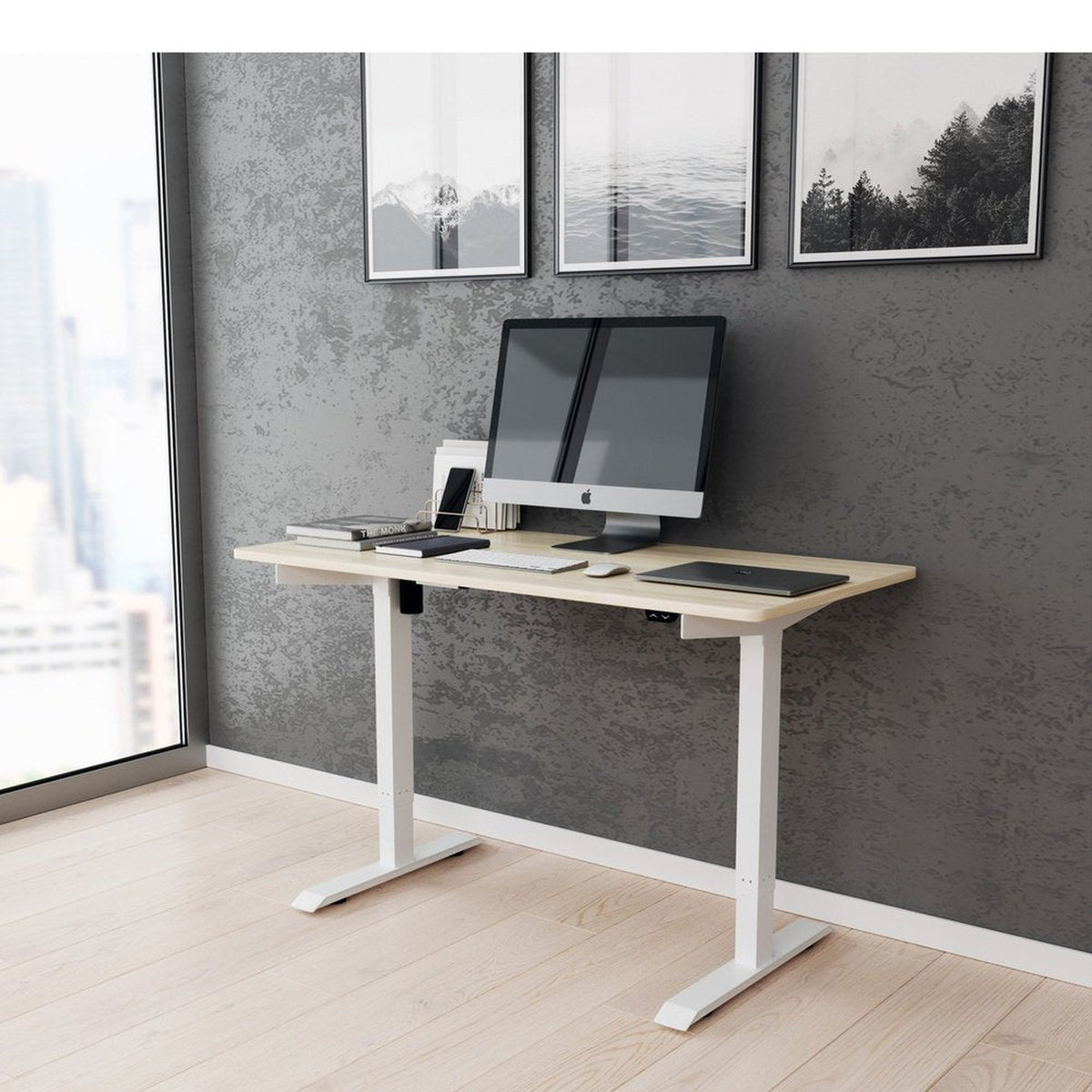 Techni Mobili Adjustable Sit to Stand Desk, Oak | Level Up Desks