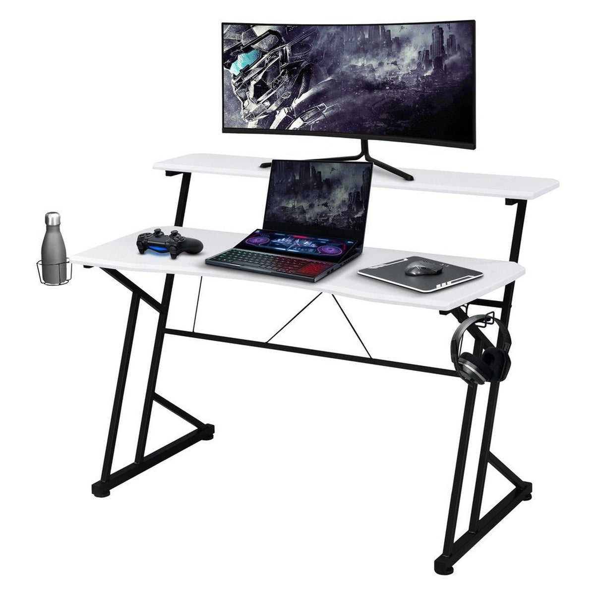 Techni Sport Computer Gaming Desk with Shelves - White | Level Up Desks