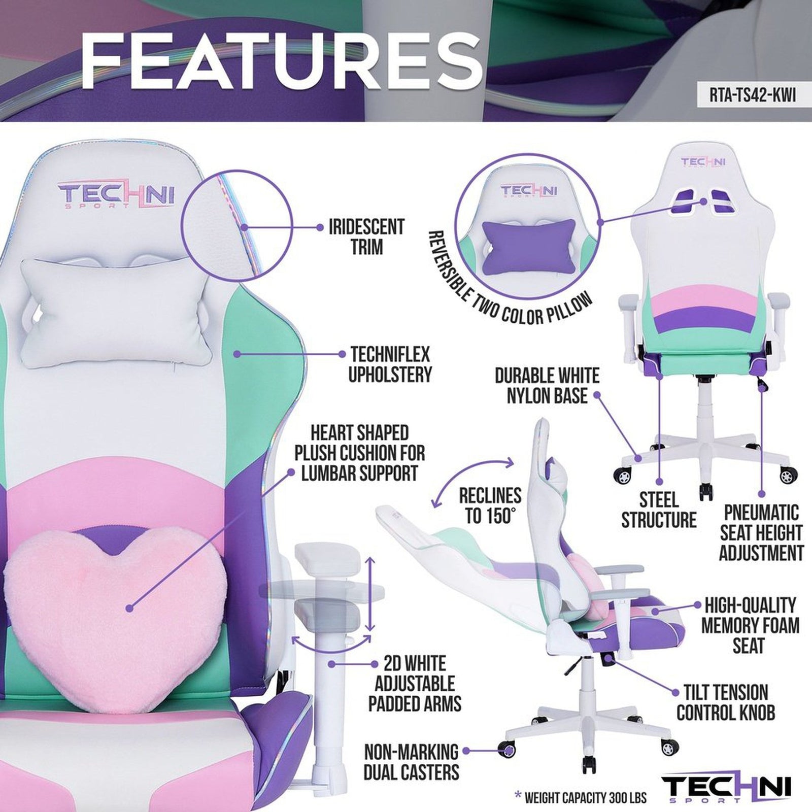 Techni Sport TS-42 Kawaii Gaming Chair Office-PC White Green Pink ...