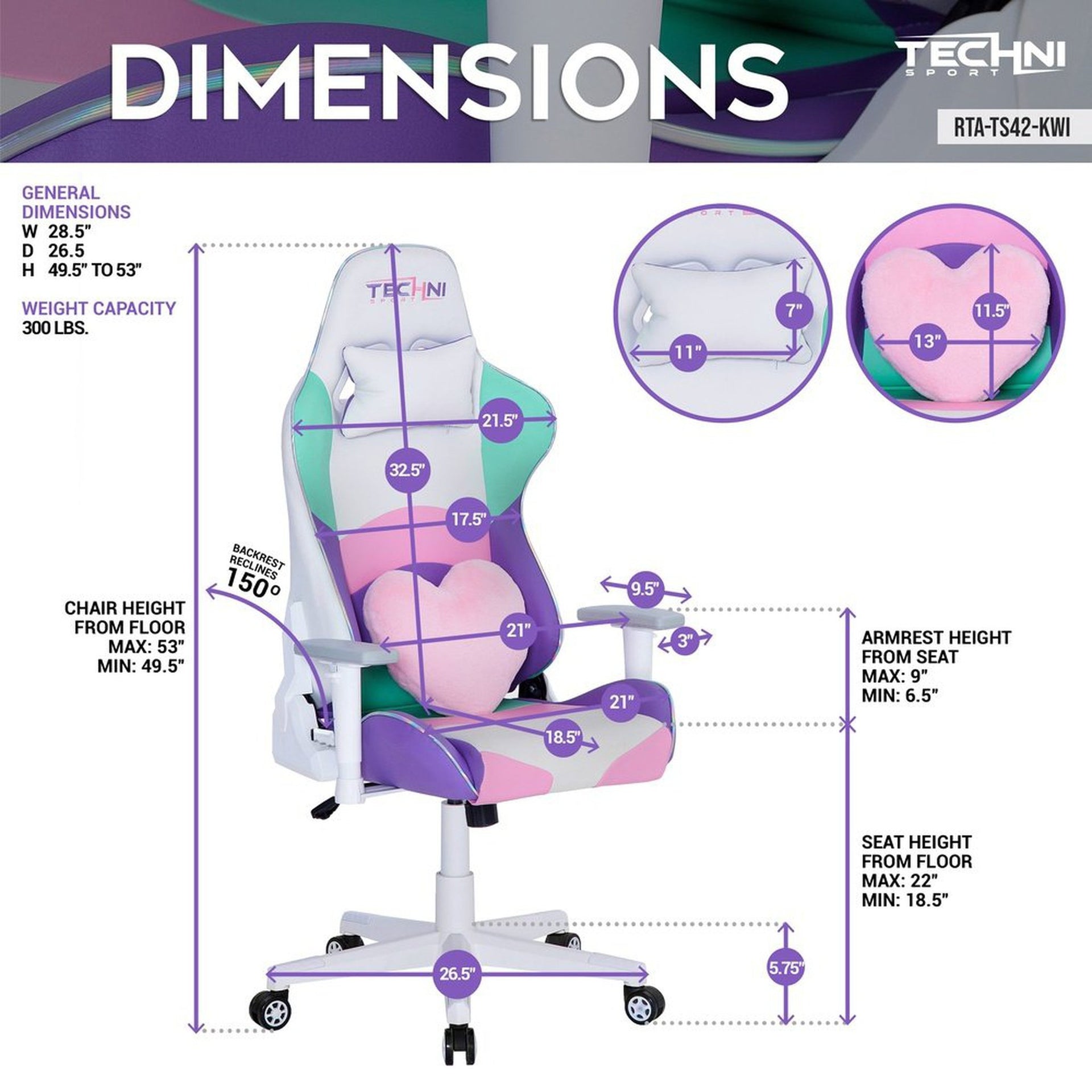 Techni Sport TS-42 Kawaii Gaming Chair Office-PC White Green Pink ...